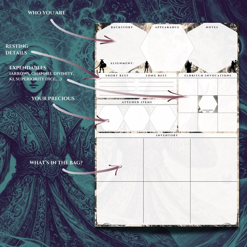Warlock Lady Dnd 5e Character Sheet | 6-page Printable PDF Journal for ...