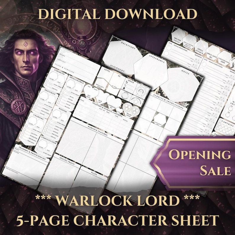 Warlock Character Sheet Dnd 5e: 5-page Printable PDF - Etsy