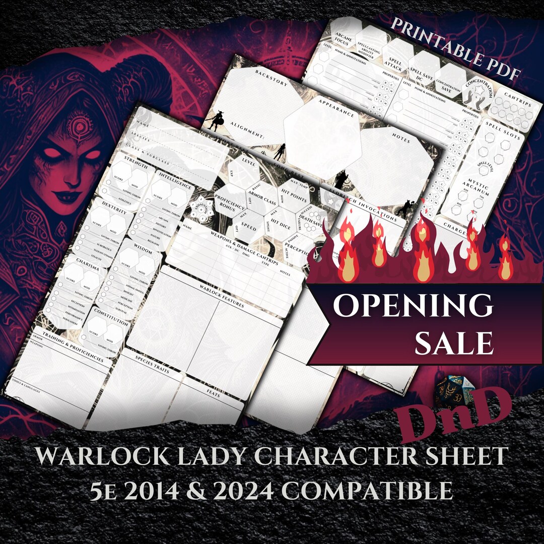 Warlock Lady Dnd 5e Character Sheet | 6-page Printable PDF Journal for ...