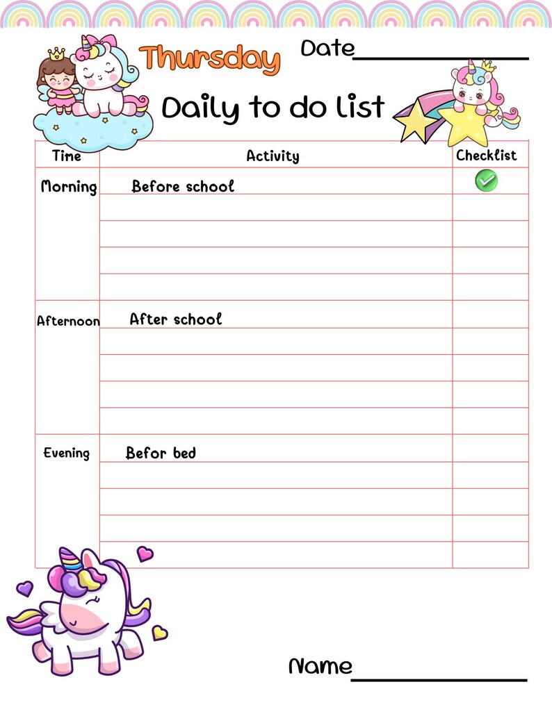 Kids Daily Planner Template : 1st-6th Grade With Unicorn Theme - Etsy