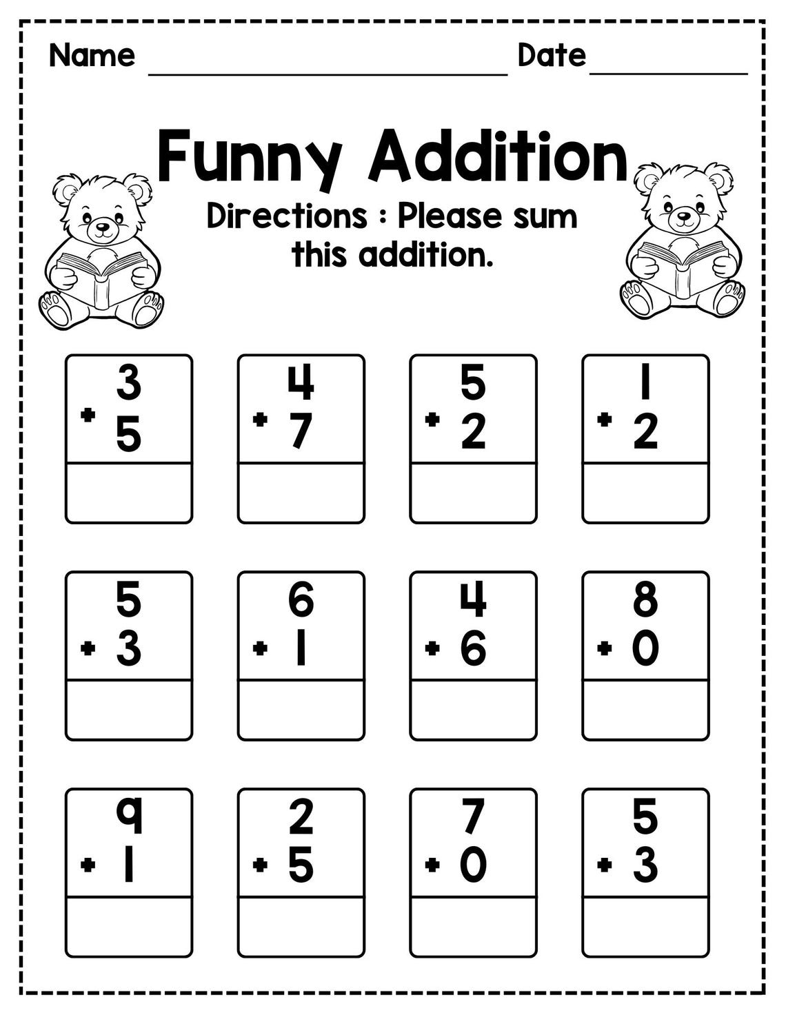 15 Printable Funny Single Addition Worksheets. Math for Kindergarten ...