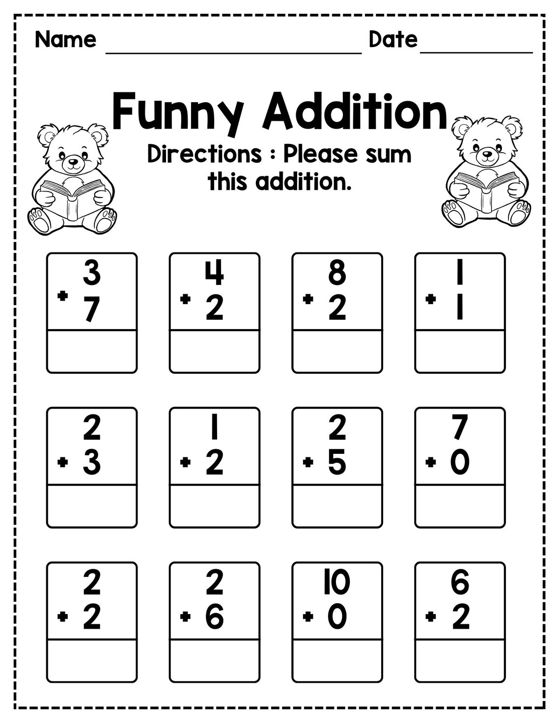 15 Printable Funny Single Addition Worksheets. Math for Kindergarten ...