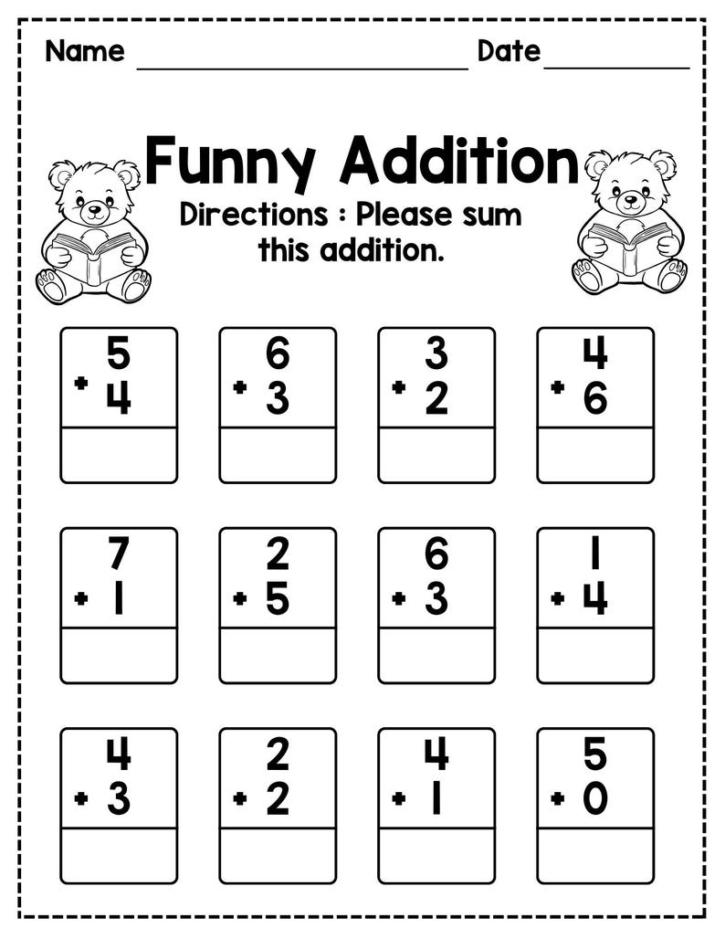 15 Printable Funny Single Addition Worksheets. Math for Kindergarten ...