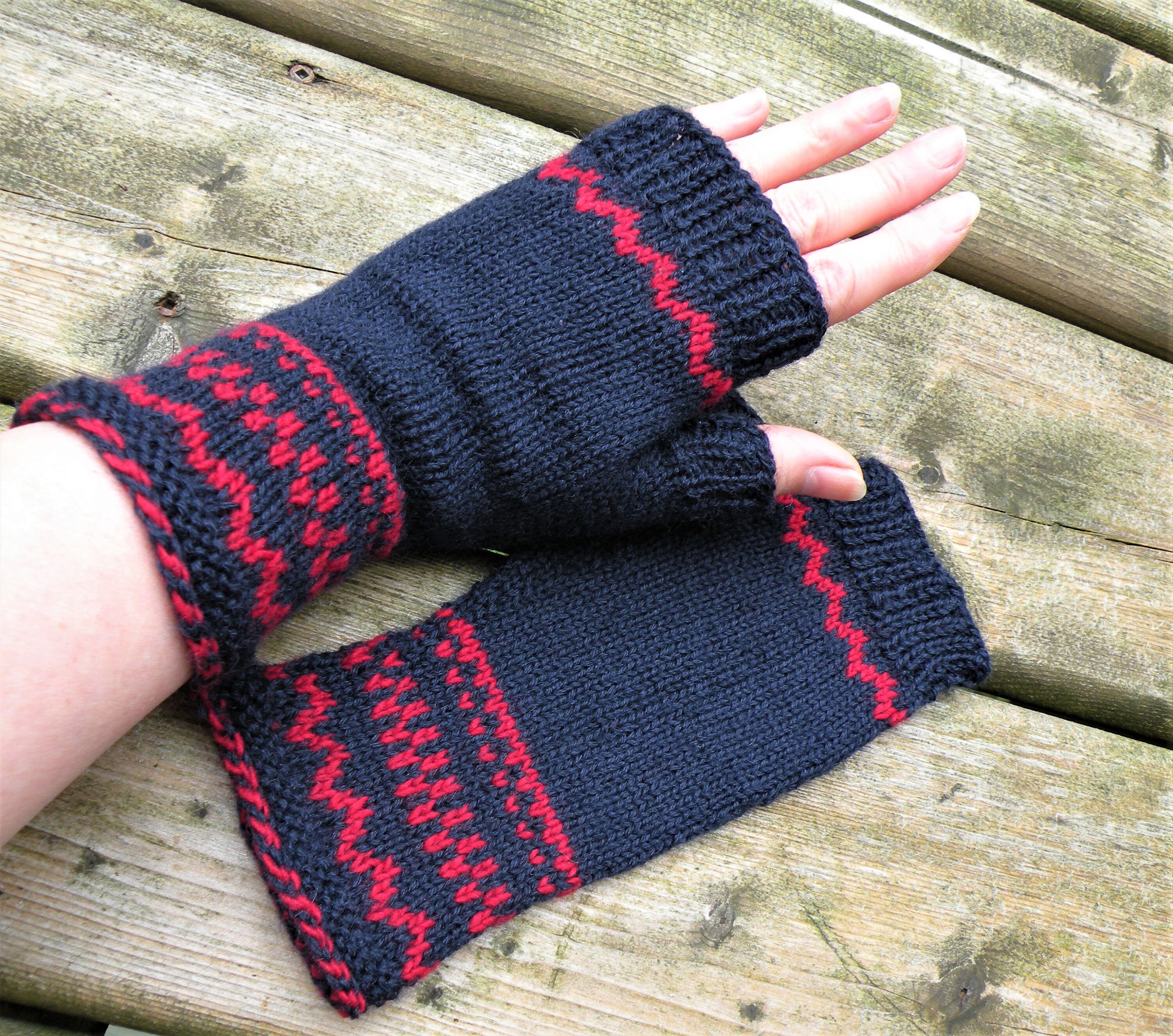 Navy and Red Merino Wool Gloves Womens Hand Knit Texting, Computer ...