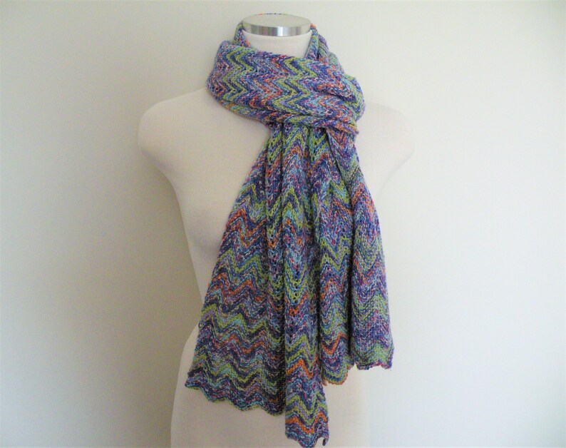Hand Knit Merino Wool Chevron Scarf: Purple Green Zickzack Pattern - Etsy