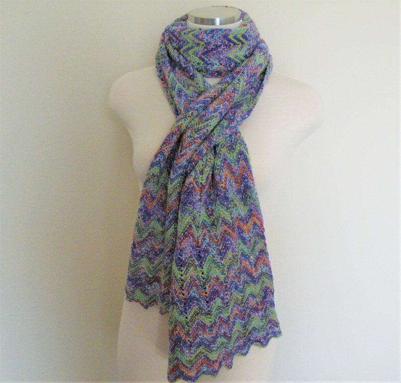 Hand Knit Merino Wool Chevron Scarf: Purple Green Zickzack Pattern - Etsy