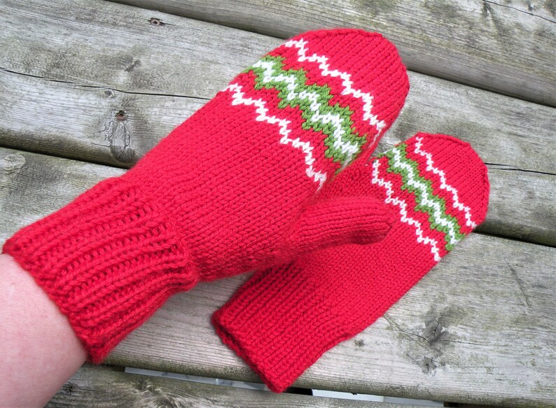 Hand Knit Merino Wool Mittens: Red, Green, and White - Women's Medium ...