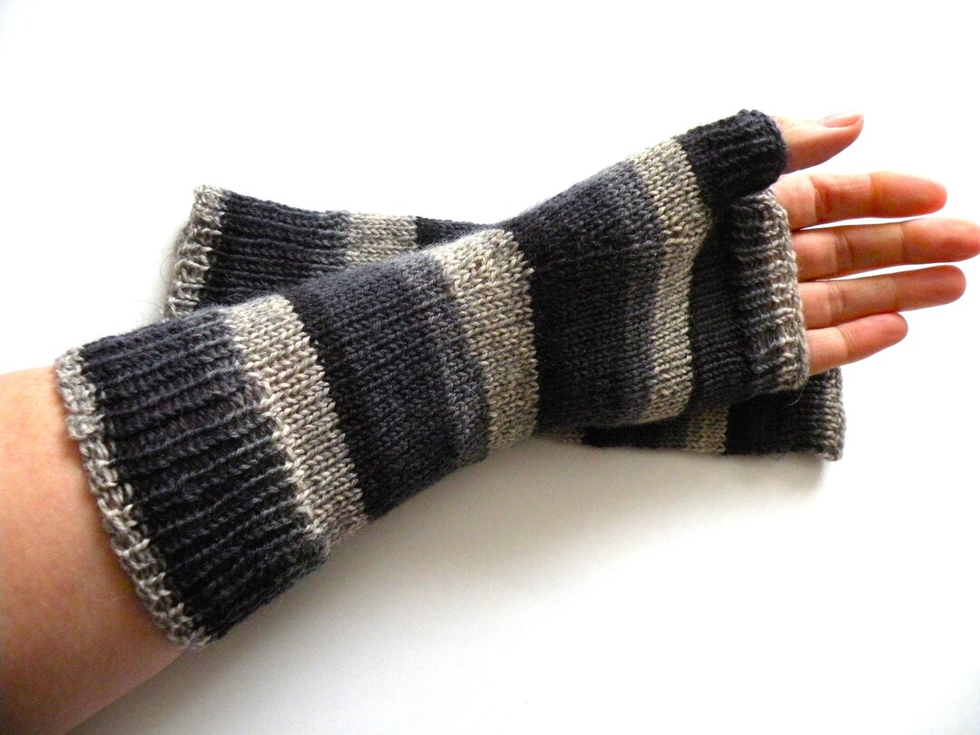 Hand Knit Wool Fingerless Gloves: Gray & Black Arm Wrist Warmers - Etsy
