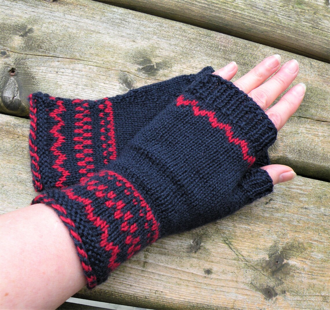 Navy and Red Merino Wool Gloves Womens Hand Knit Texting, Computer ...