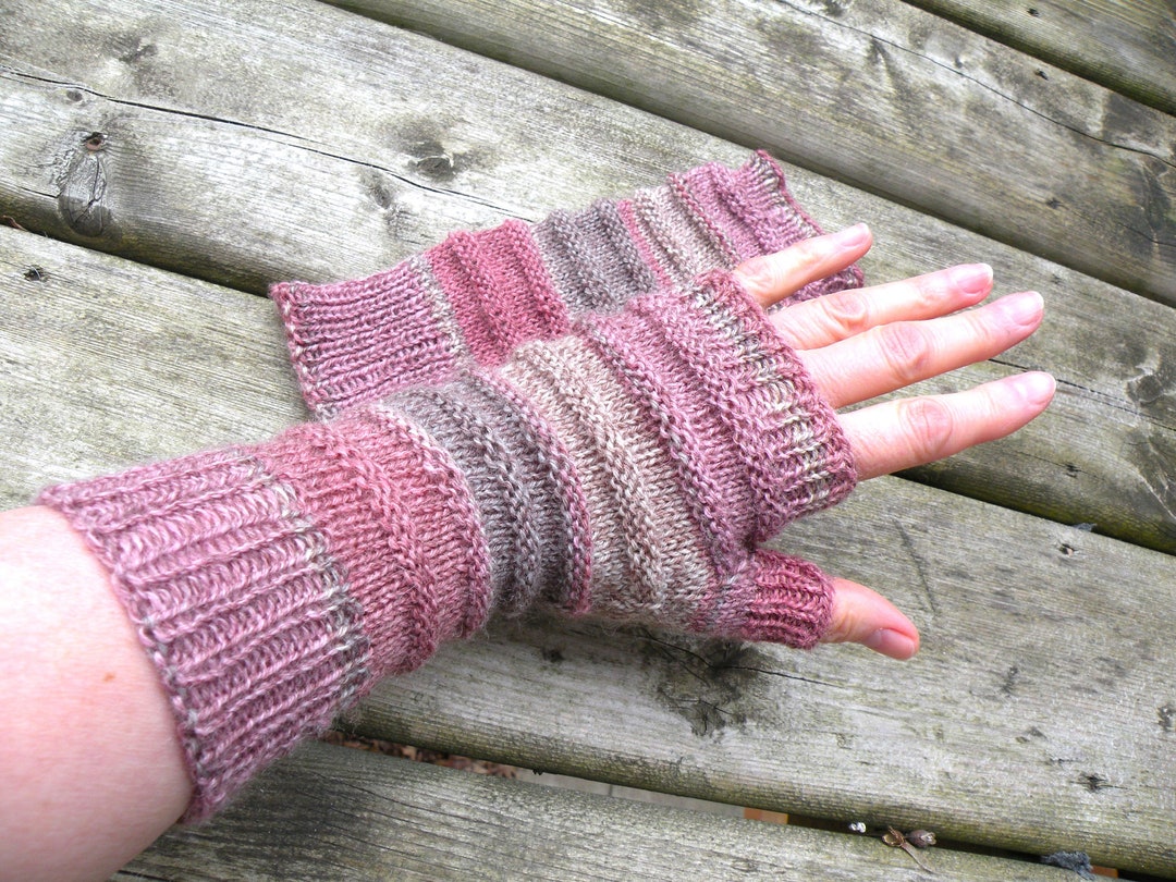 Hand Knit Merino Wool Fingerless Gloves: Pink Brown Arm, Wrist Warmers ...