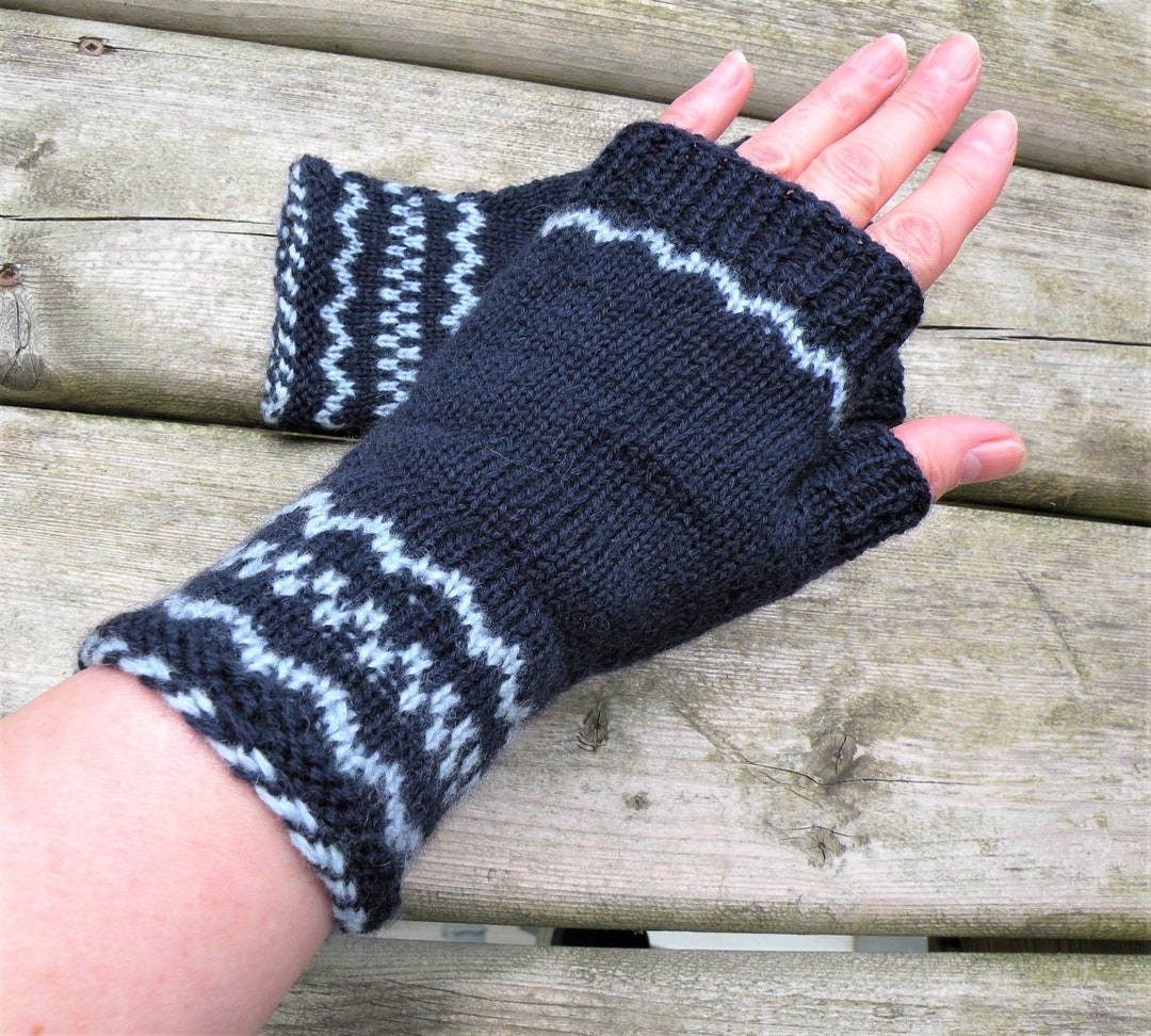 Navy Merino Wool Fingerless Gloves: Hand Knit Texting Computer Driving ...