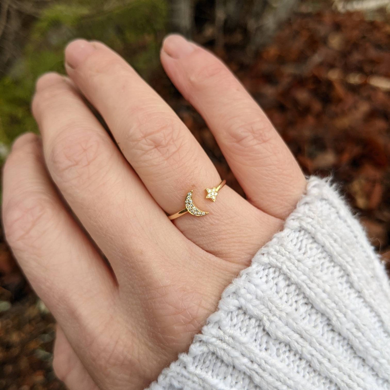 Dainty 14 karat gold star and moon ring with .05 carats of | Etsy