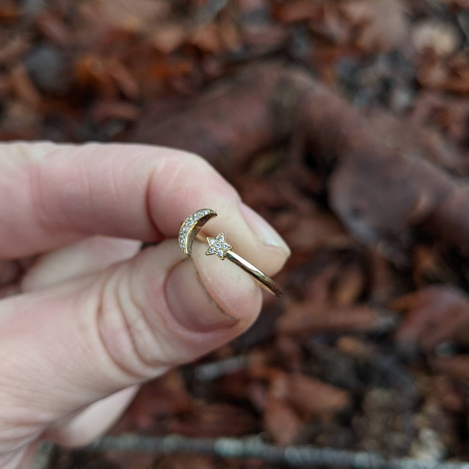 Dainty 14 karat gold star and moon ring with .05 carats of | Etsy