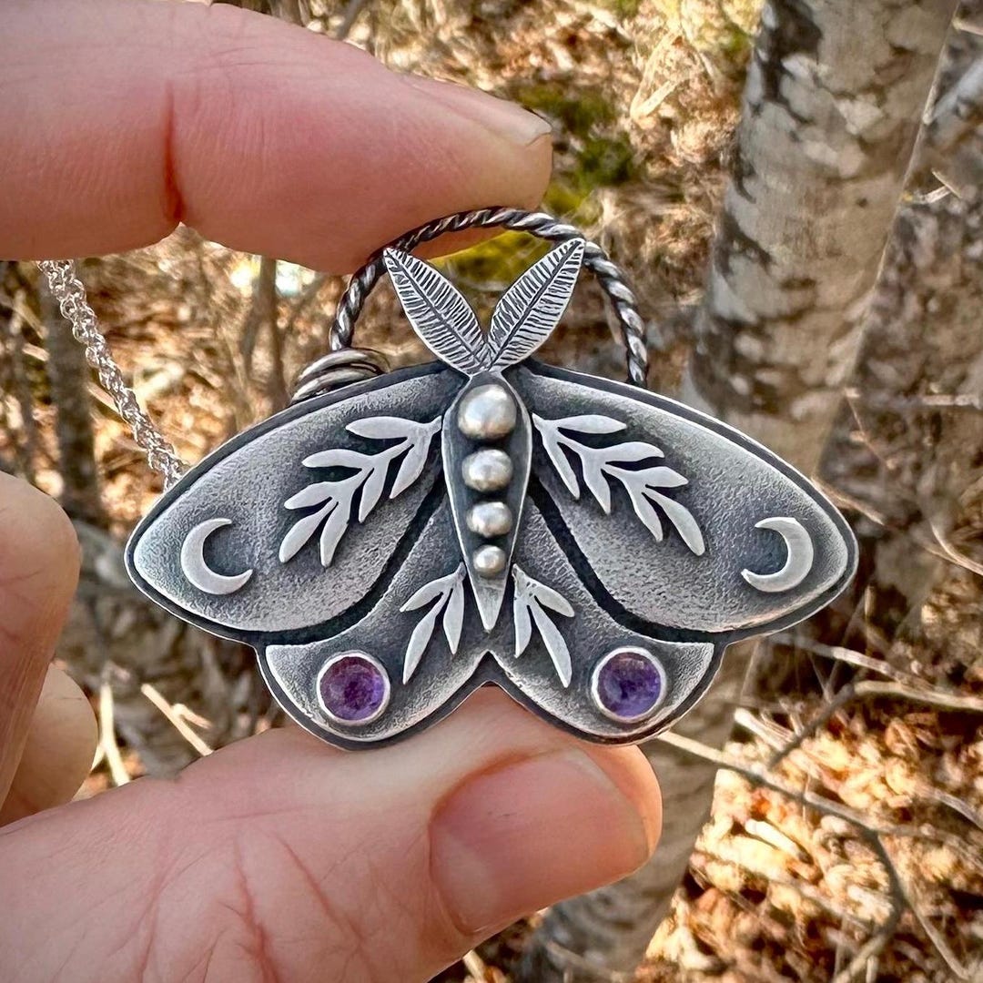 Sterling Silver Moth Pendant, With Amethyst Stones, Leaves and Mooons ...