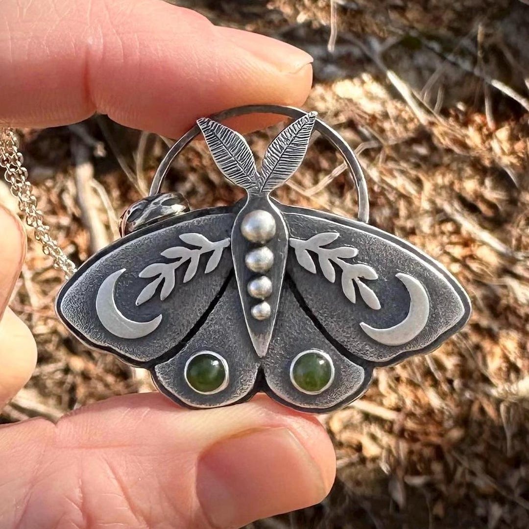 Sterling Silver Moth Pendant, With Green Jade Stones, Leaves and Mooons ...