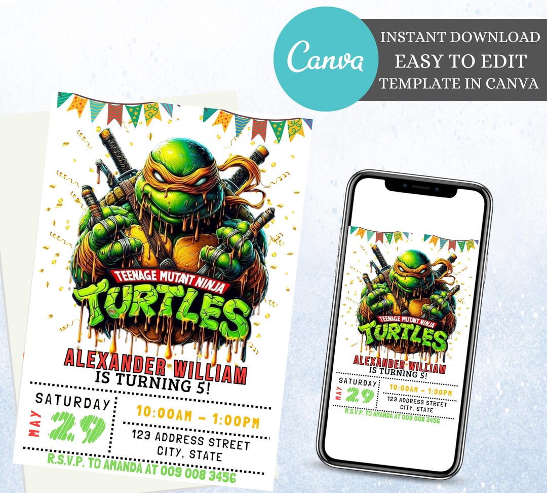 Editable Turtle Birthday Invitation Printable Ninja Invite Turtle Evite ...