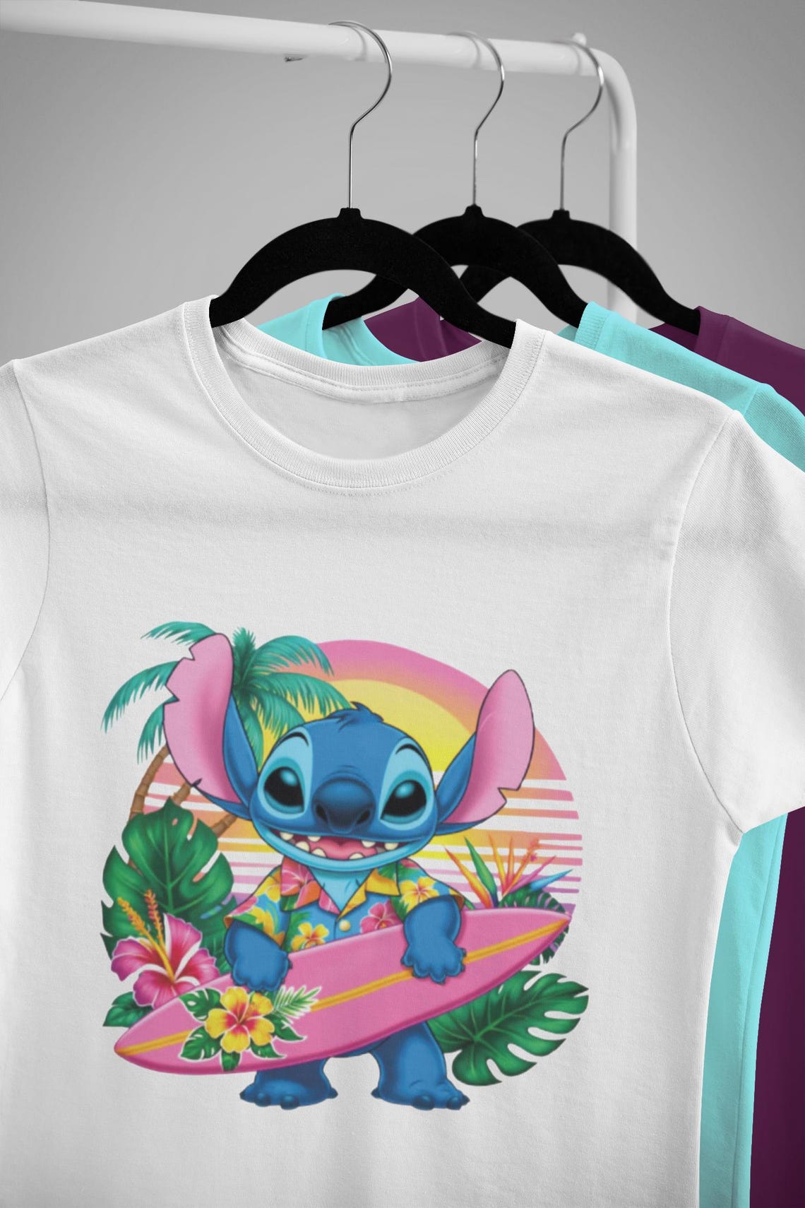 Stitch Summer DTF Transfer: Tropical Surfing, Beach Watercolor - Etsy