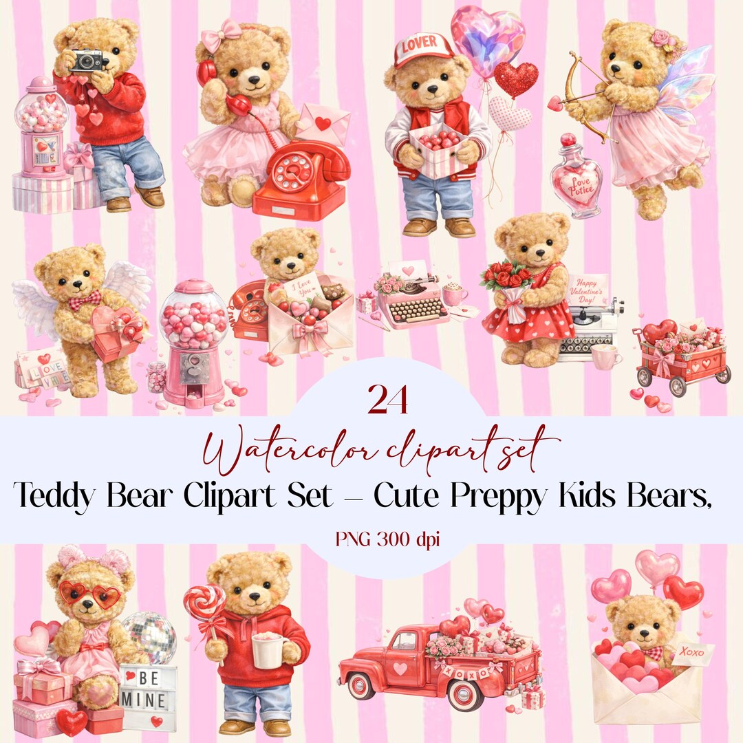 Preppy Valentine Teddy Bear Clipart – Elegant Kids Teddy Bears ...
