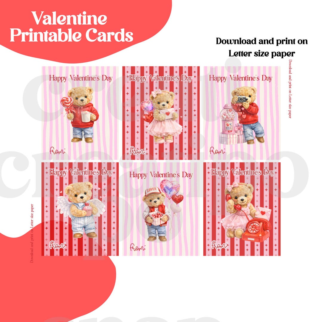 Eddy Bear Valentine Cards Printable – Kids Classroom Valentines, Letter ...