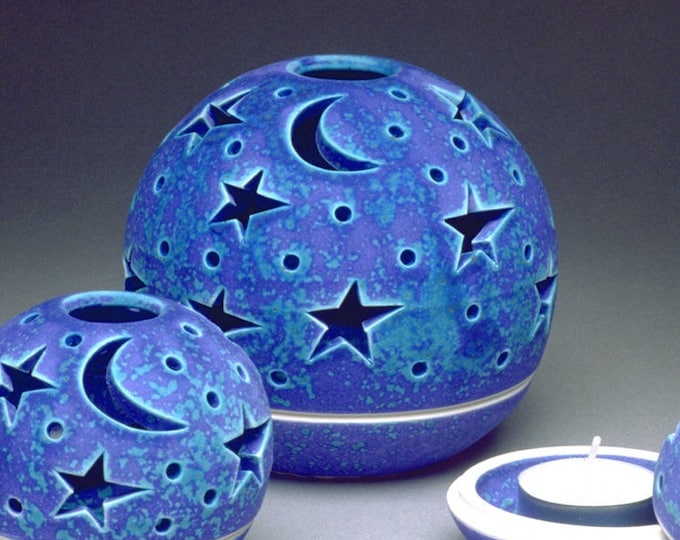 Stars Moon Lantern, Blue Purple Candileria™, Luminary, Handmade Ceramic ...
