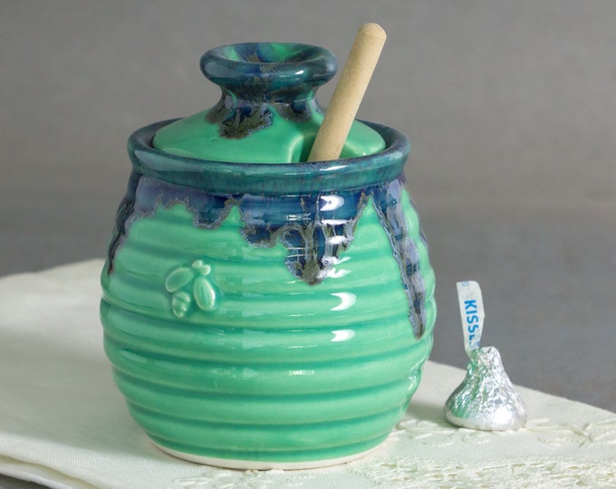 Ceramic Honey Pot With Bee, Wooden Honey Dipper, Mint Green Blue ...