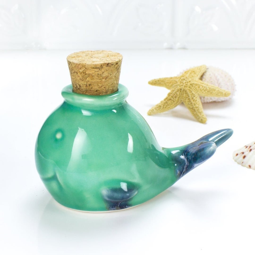 Whale Ceramic Jar With Cork Lid, Mint Green Blue, Whale Spice Pot ...