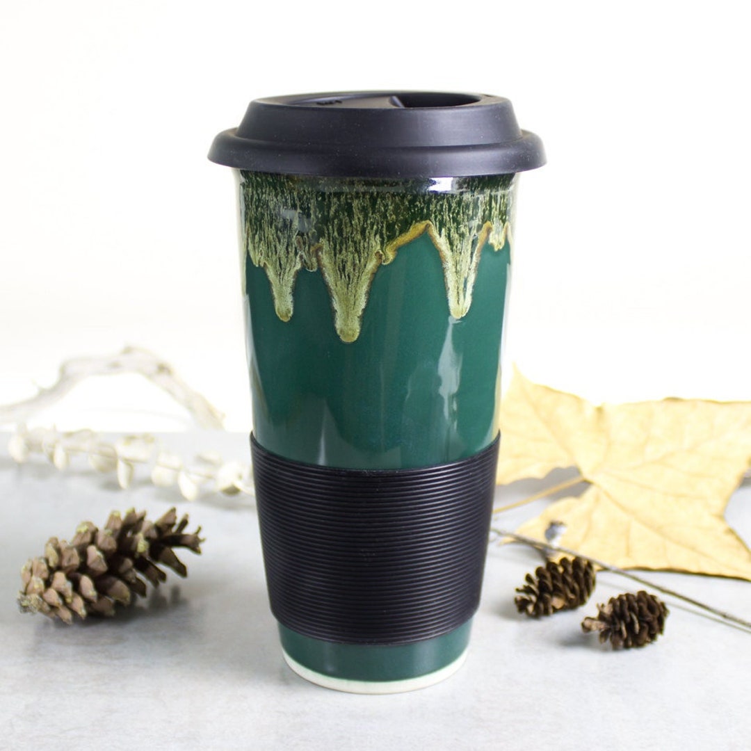 Ceramic Travel Mug, Forest Hunter Green, Reusable, Woodland Moss Drippy ...