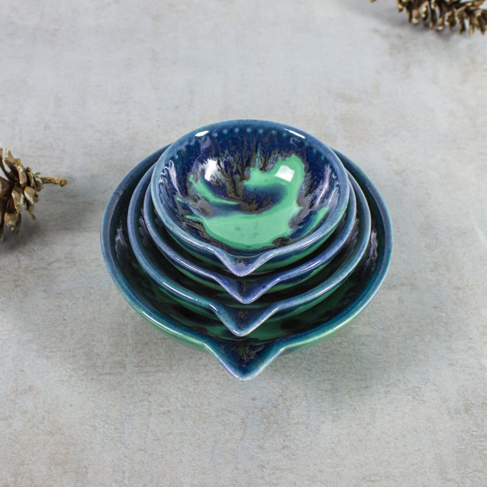 Ceramic Measuring Cups, Nesting Prep Bowls, Set 4 Mint Green Blue Drips ...