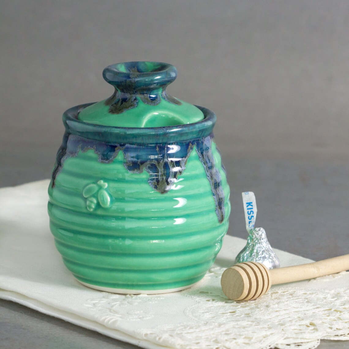 Ceramic Honey Pot With Bee, Wooden Honey Dipper, Mint Green Blue ...