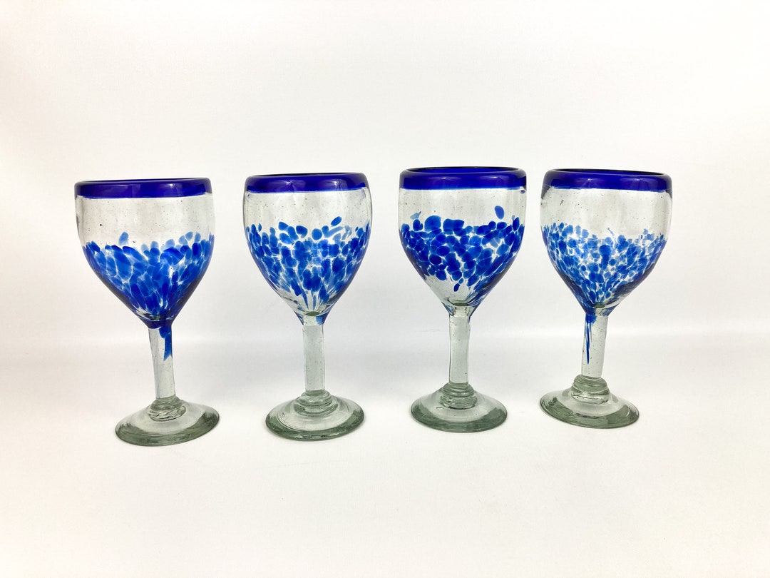 4 Hand Blown Glass Mexican Water Goblets Cobalt Blue Rim Cobalt Blue ...