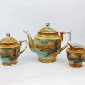Vintage Hand Painted Japanese Windmill Village Scene Teapot~creamer ...