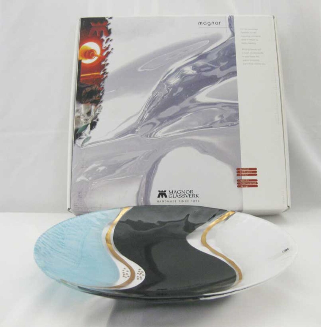 ART GLASS Magnor Glassverk Norway “laguna Fat Dekor 3” Blue & Black ...