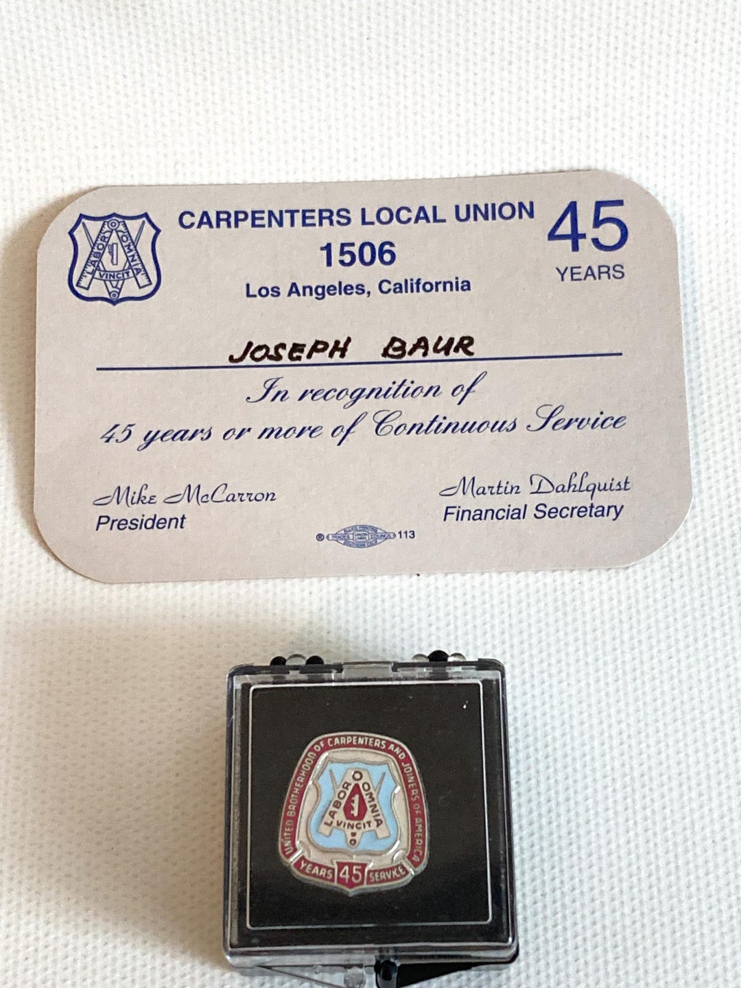 United Brotherhood of Carpenters & Joiners 45 Years Union Pin and ...