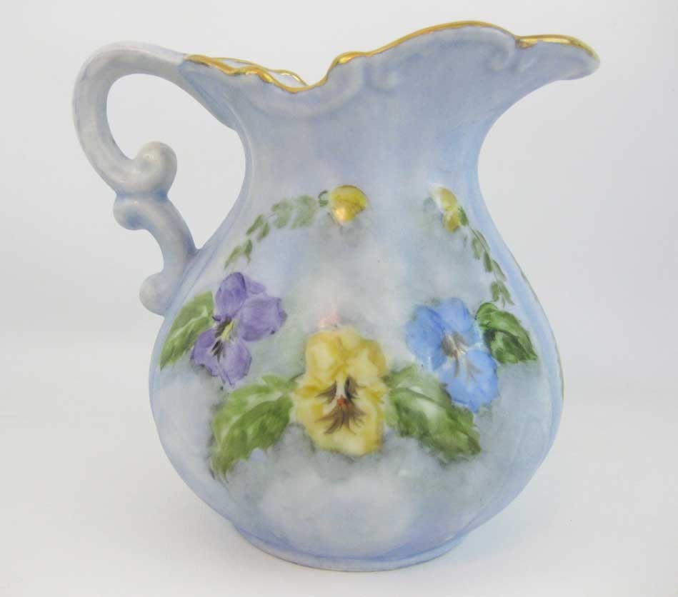 Hand Painted Porcelain Pitcher Signed by Artist Pansies Pleated Balloon ...