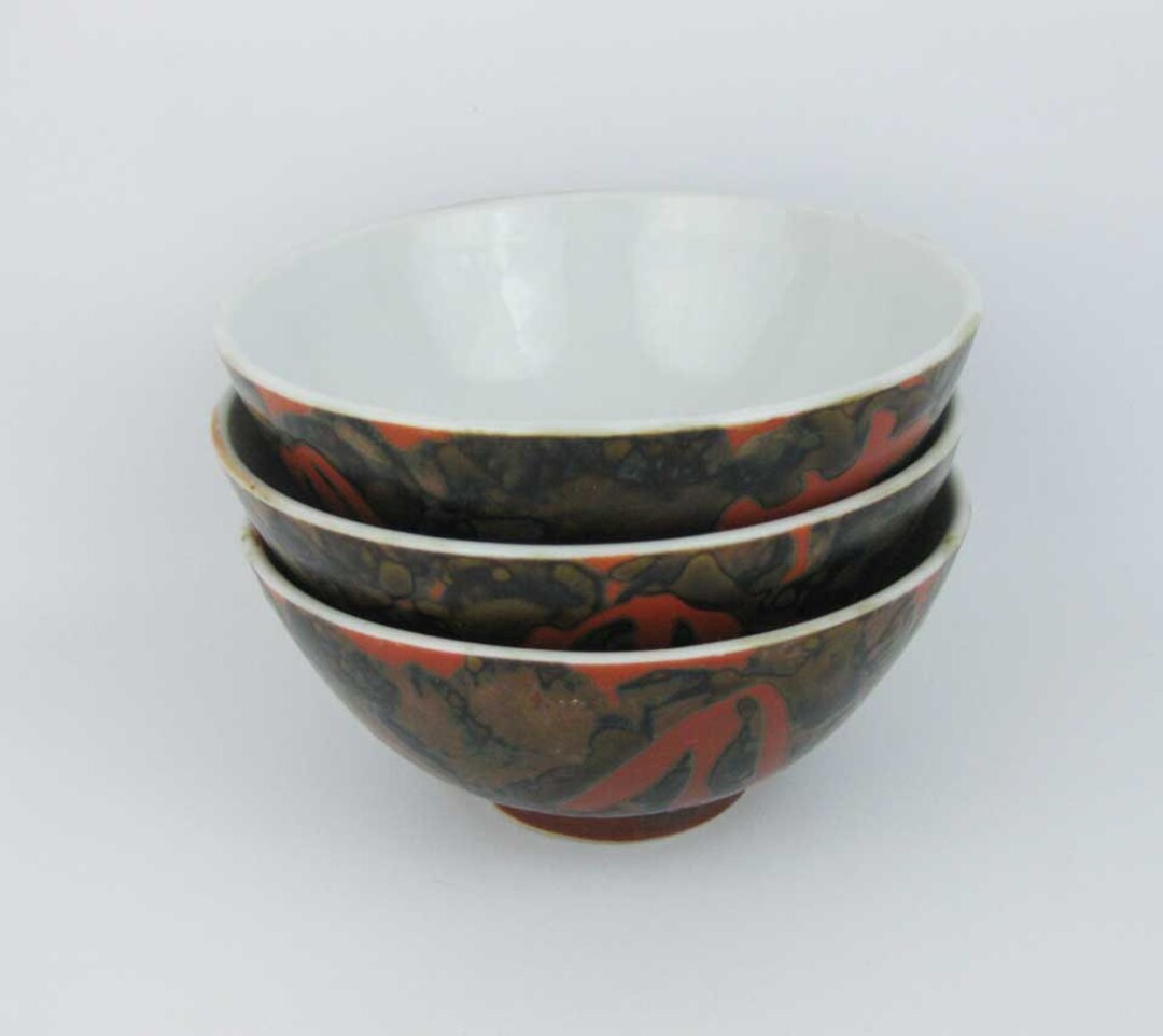 Vintage Asian Heavy Drip Glaze Orange & Brown Oversized Soup~rice Bowls ...