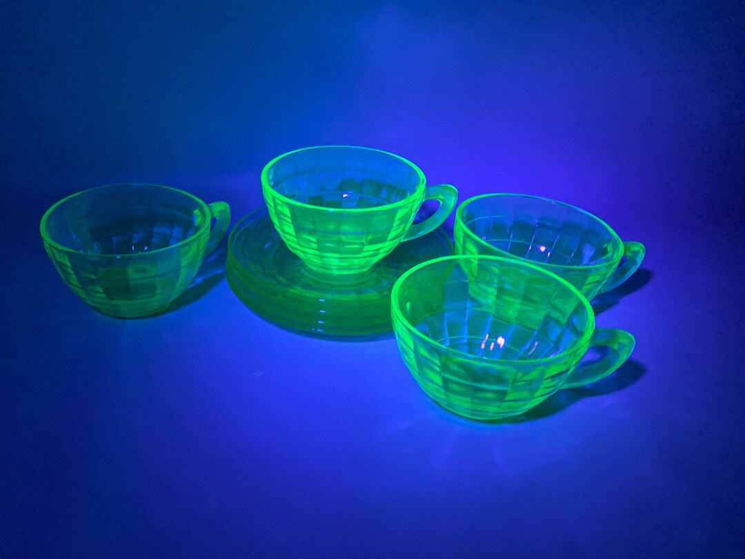 Anchor Hocking Block Optic Green Uranium Depression Glass Tea Cups ...