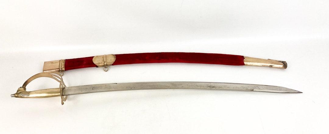 Vintage Talwar Sword Etched Blade Velvet Sheath Brass Lion Head 29 ...