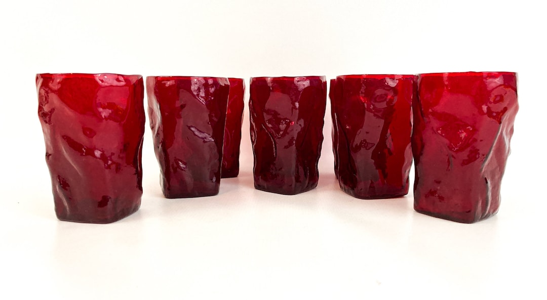 Morgantown Seneca Driftwood Red Glass Flat Juice Glasses (8) Crinkle ...