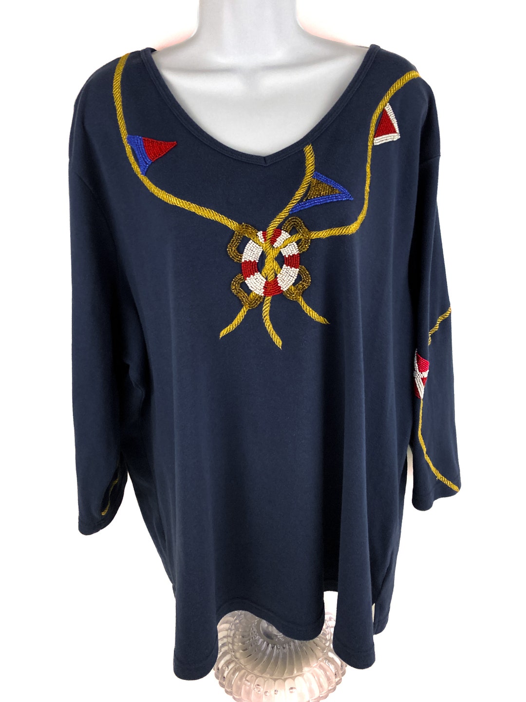 Vintage Woman's Quacker Factory Top Navy Blue Nautical Theme Beaded ...