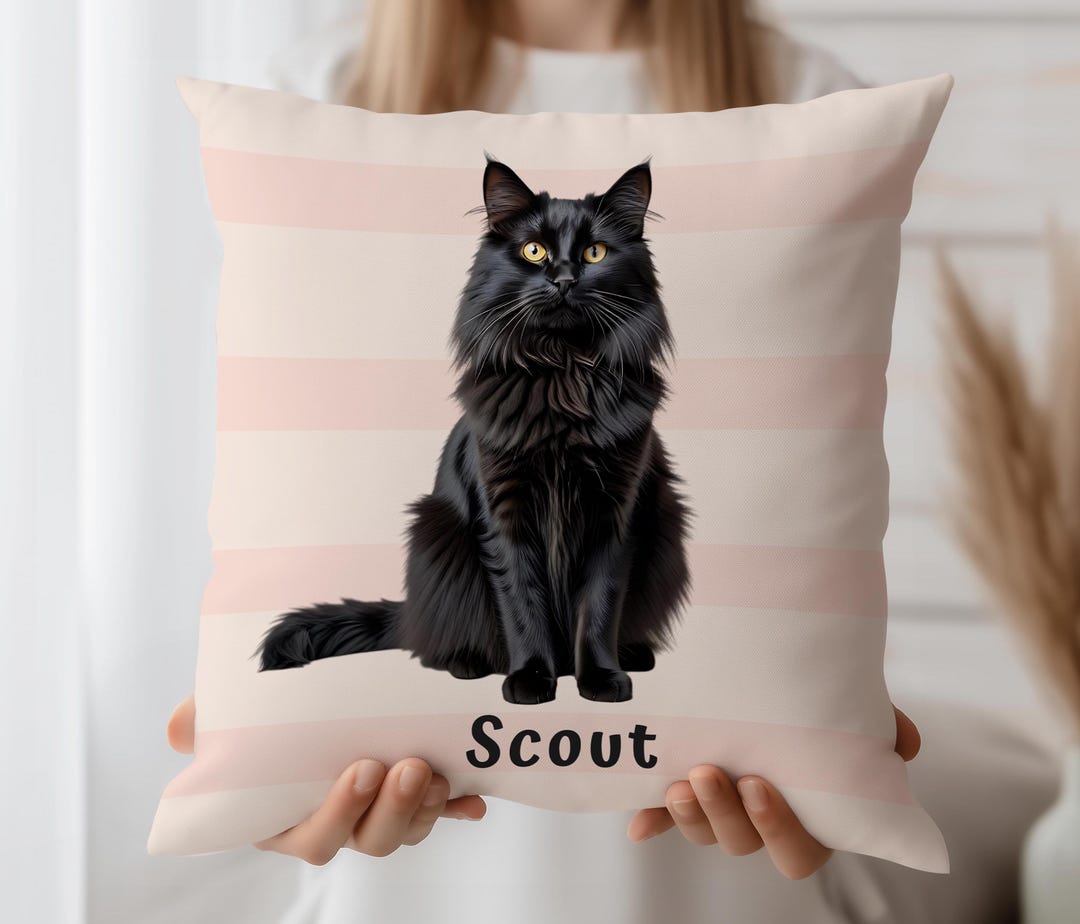 Personalized Black Cat Pillow, Custom Pet Photo Cushion With Name ...