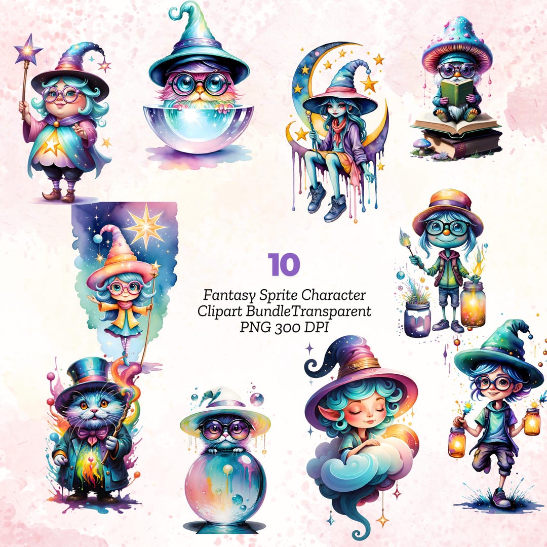 Fantasy Sprite Character Clipart Bundle: 10 Unique Styles in Watercolor ...