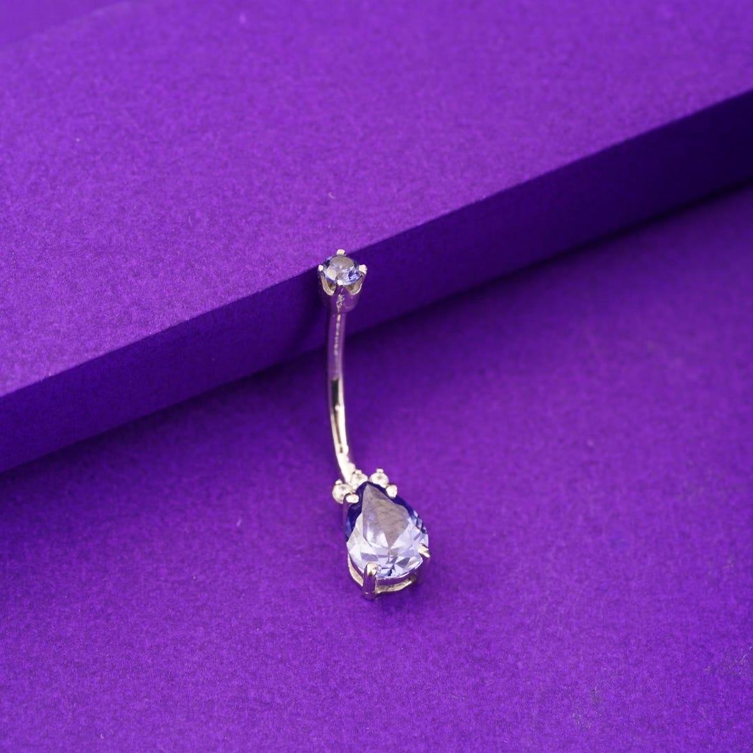 Amethyst Silver Belly Ring, Pear & Round Shape Purple Stone Navel Belly ...