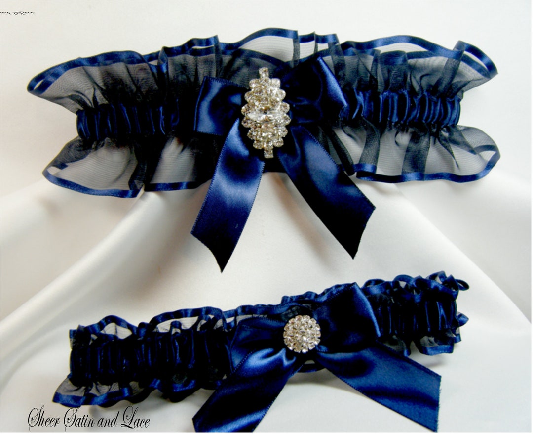 NAVY BLUE Wedding Garters With Big Beautiful RHINESTONE or Prom Garter ...