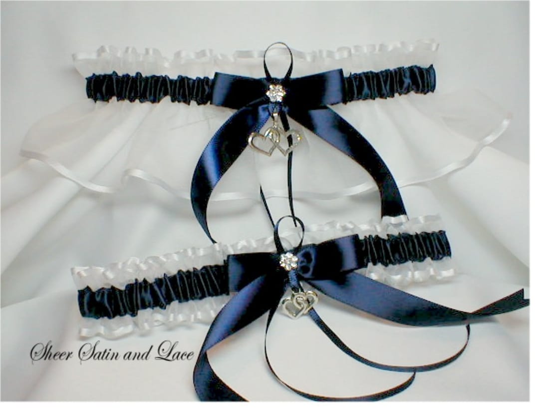 DOUBLE HEART NAVY Blue Wedding Garters Garter Set - Etsy