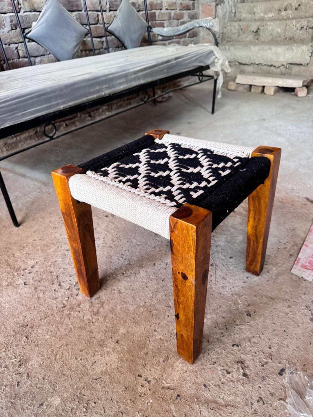 Handwoven Sheesham Wood Stool Indian Charpai, Macrame Cotton Rope ...