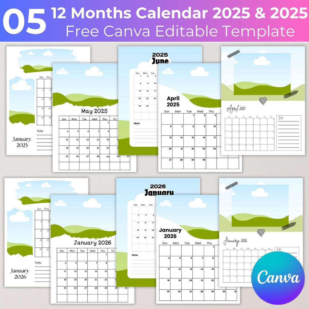2025 & 2026 Calendar Canva Editable Templates, 5 Set Bundle, Custom ...