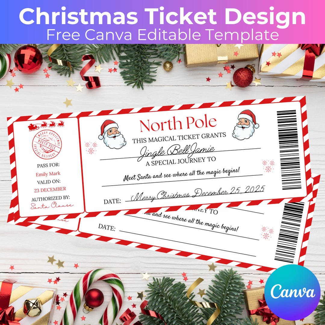 Christmas Santa Ticket Template, Canva Editable Christmas Ticket ...