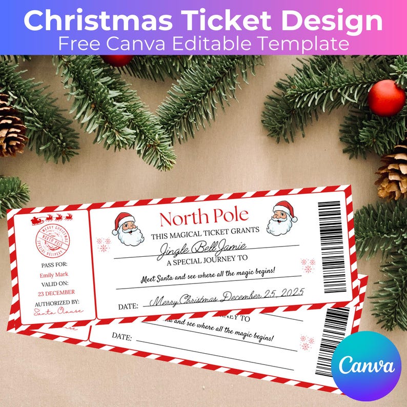Christmas Santa Ticket Template, Canva Editable Christmas Ticket ...
