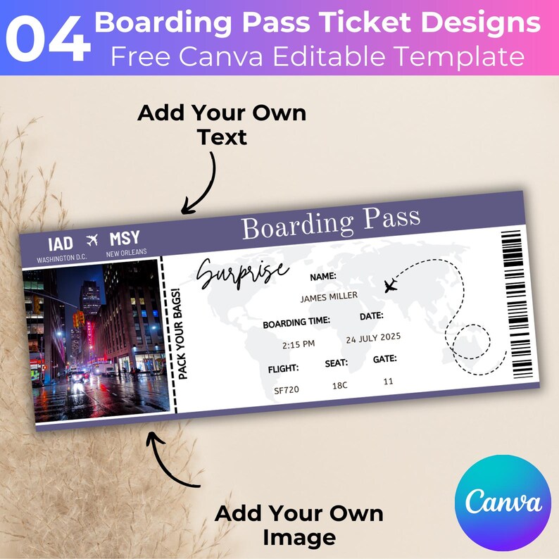 Boarding Pass Canva Editable Template, Printable Personalized Airline ...