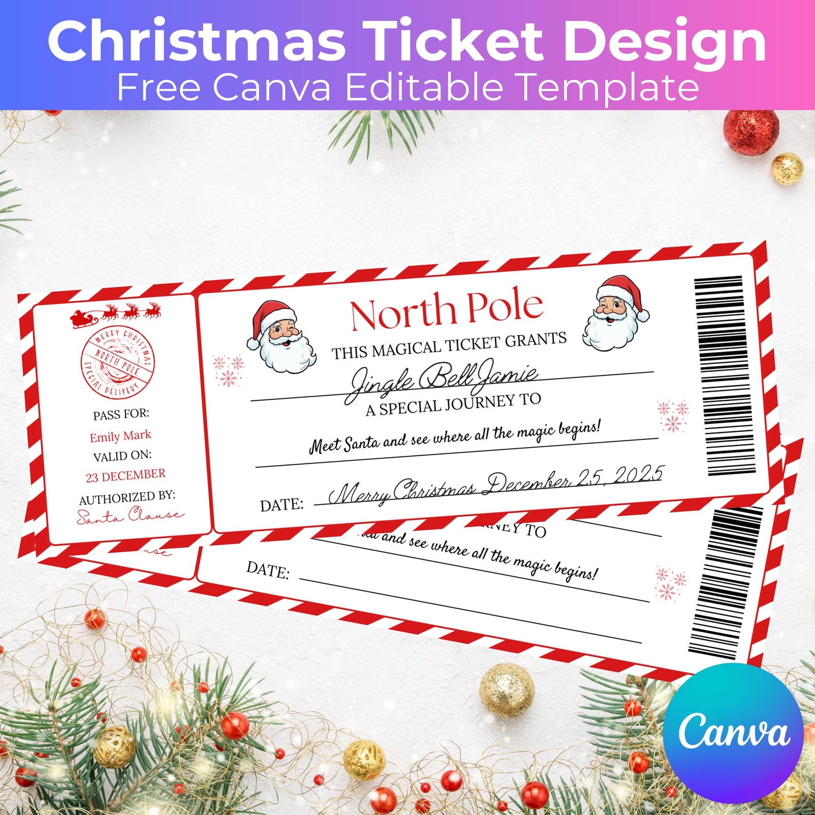 Christmas Santa Ticket Template, Canva Editable Christmas Ticket ...